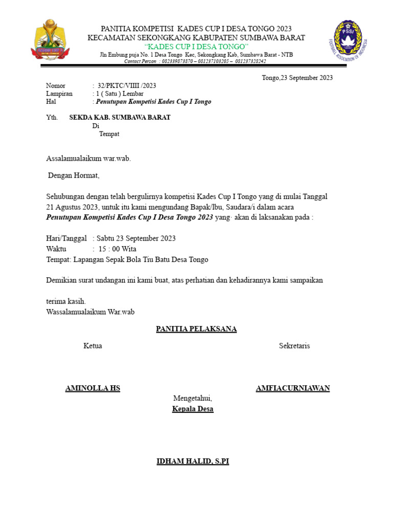 Undangan Penutupan Kades Cup I Desa Tongo | PDF