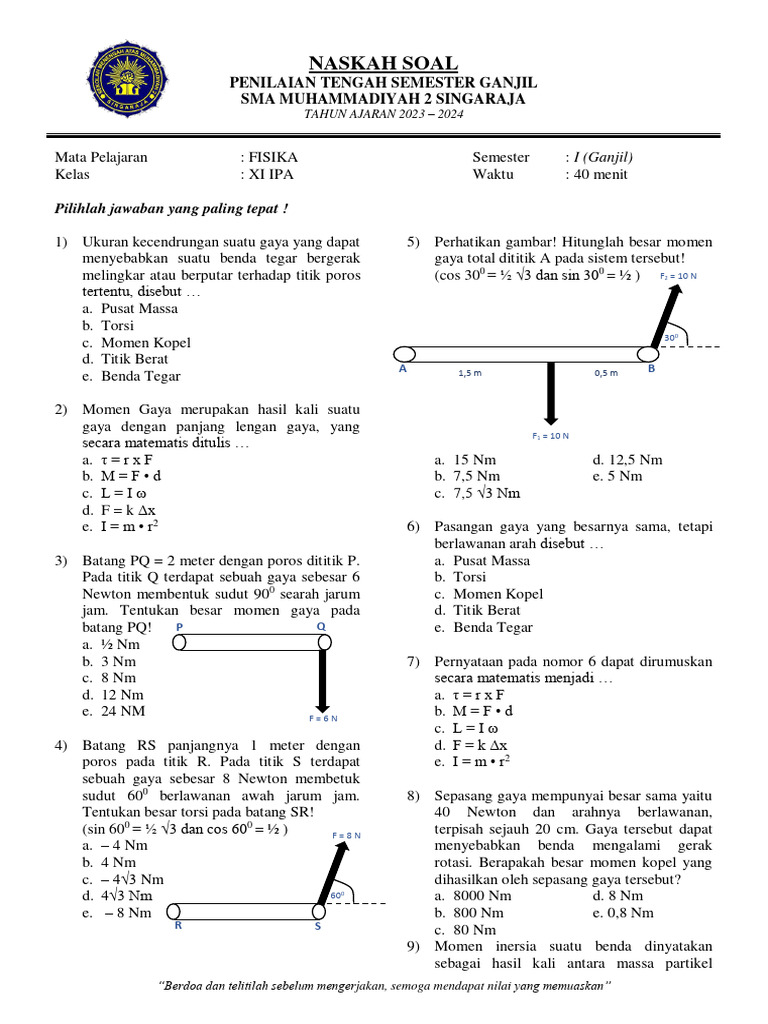 Soal Pts Fisika Kelas Xi 2023-2024 | PDF