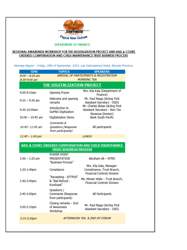 Tentative Program - Momase Region - UPDATED As at 13SEP2023 | PDF Tentative Program - Momase Region - UPDATED As at 13SEP2023 | PDF