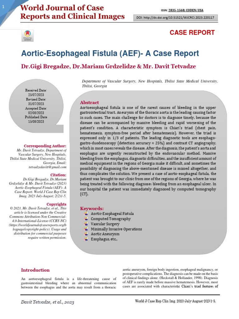 Aortic-Esophageal Fistula (AEF) - A Case Report | Download Free PDF ...