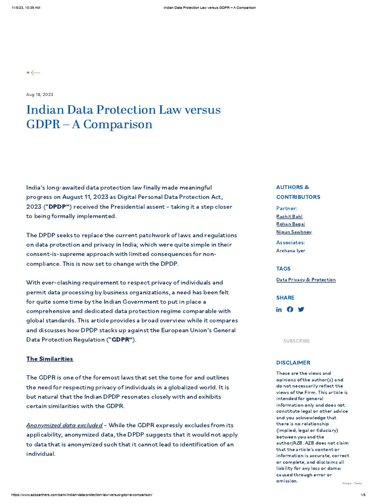 Indian Data Protection Law Versus GDPR - A Comparison | PDF | Consent ...