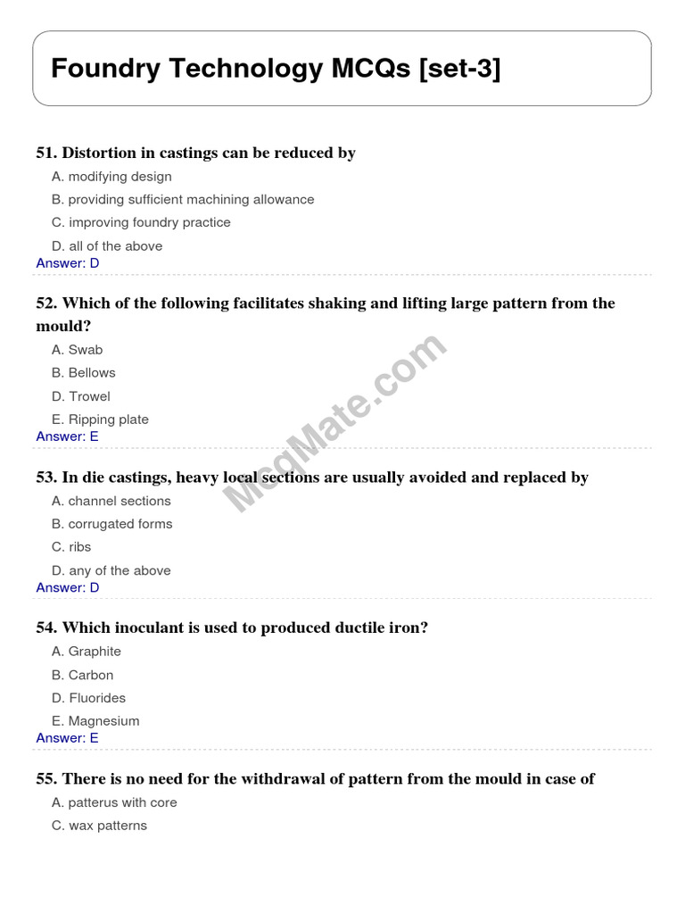 Foundry Technology MCQs Set 3 | PDF | Foundry | Materials