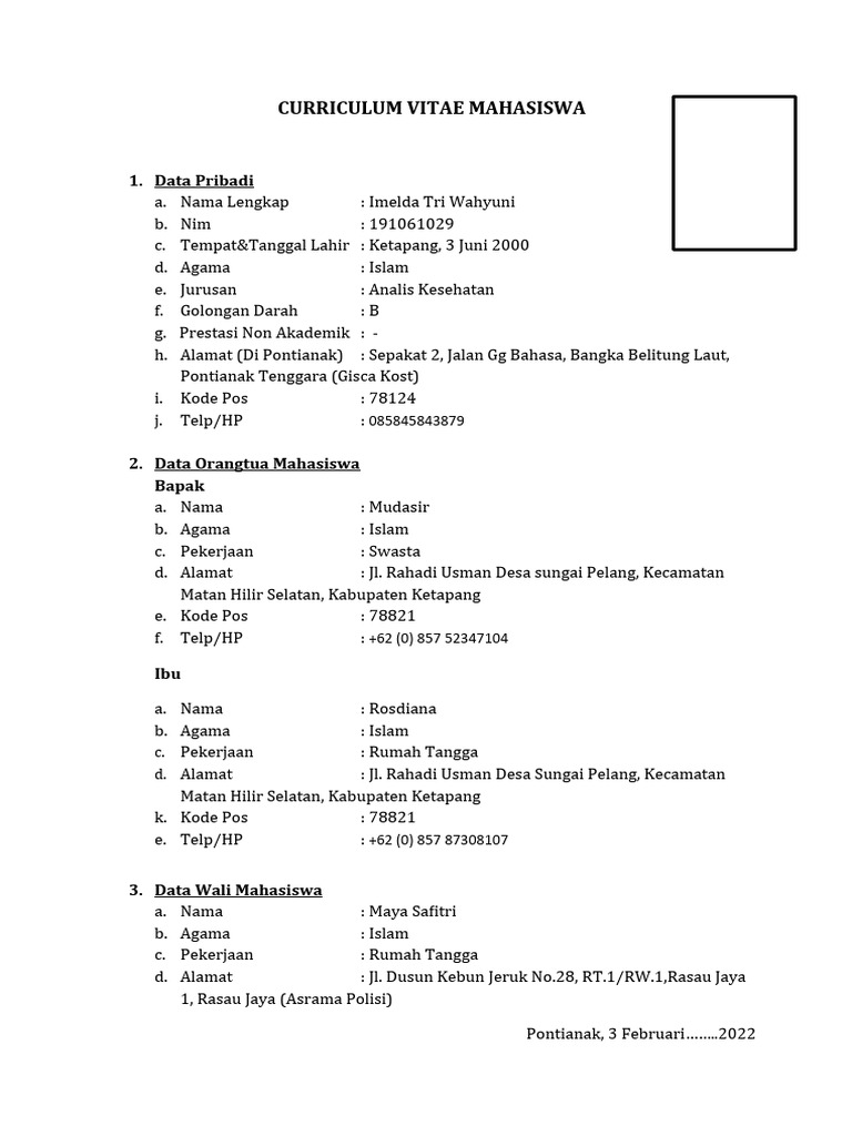 CV Mahasiswa Analis Kesehatan Imelda | PDF