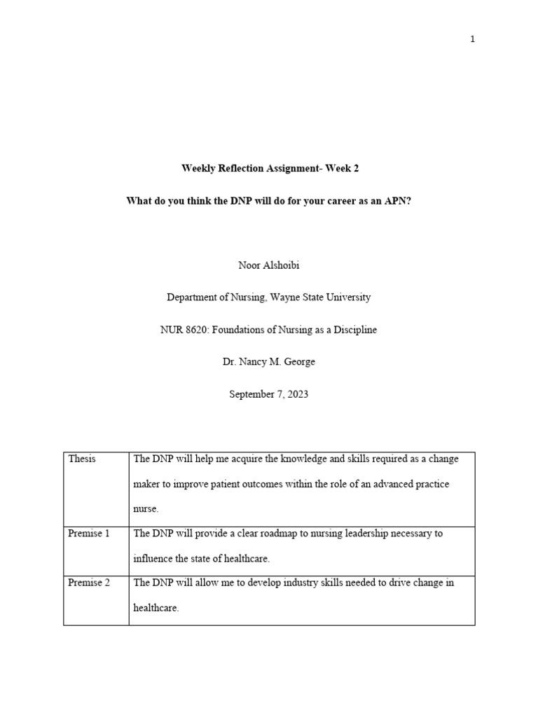 Weekly Reflection Assignment - Week 2 Foundations | PDF | Nursing | Leadership