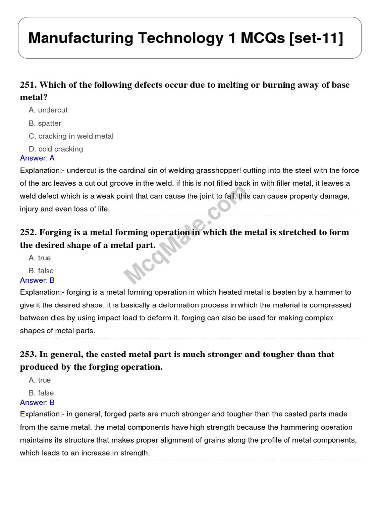 Manufacturing Technology 1 Solved MCQs (Set-11) | PDF | Extrusion | Forging