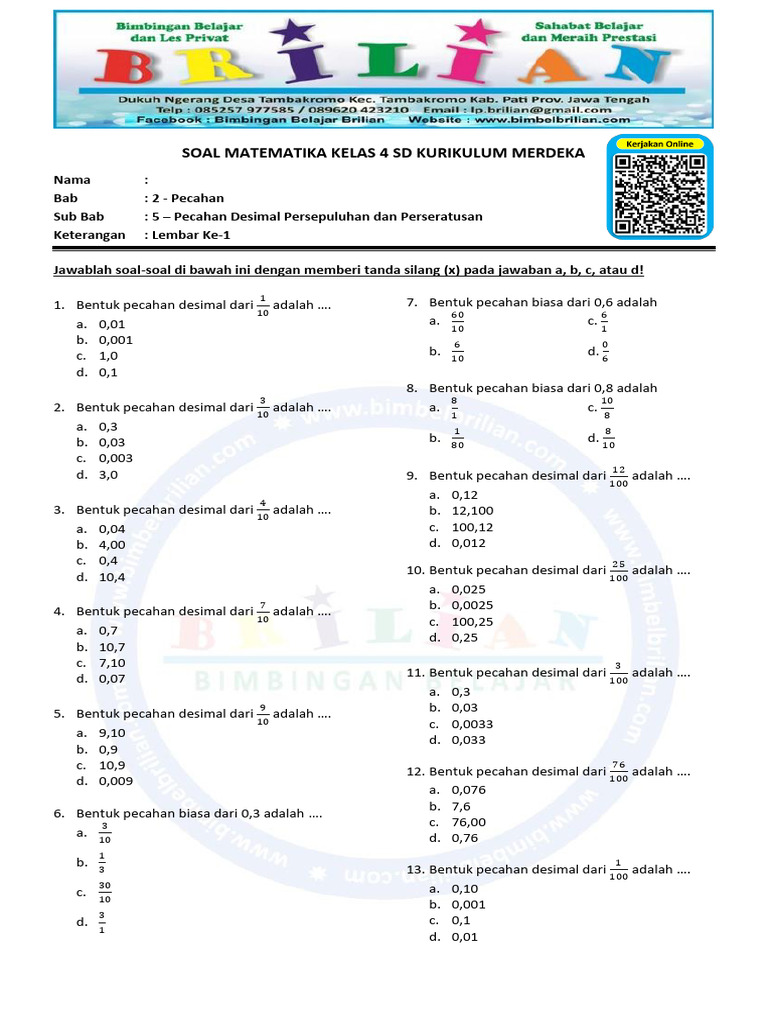 Soal Kelas 4 SD Bab Pecahan Desimal Persepuluhan Dan Perseratusan ...