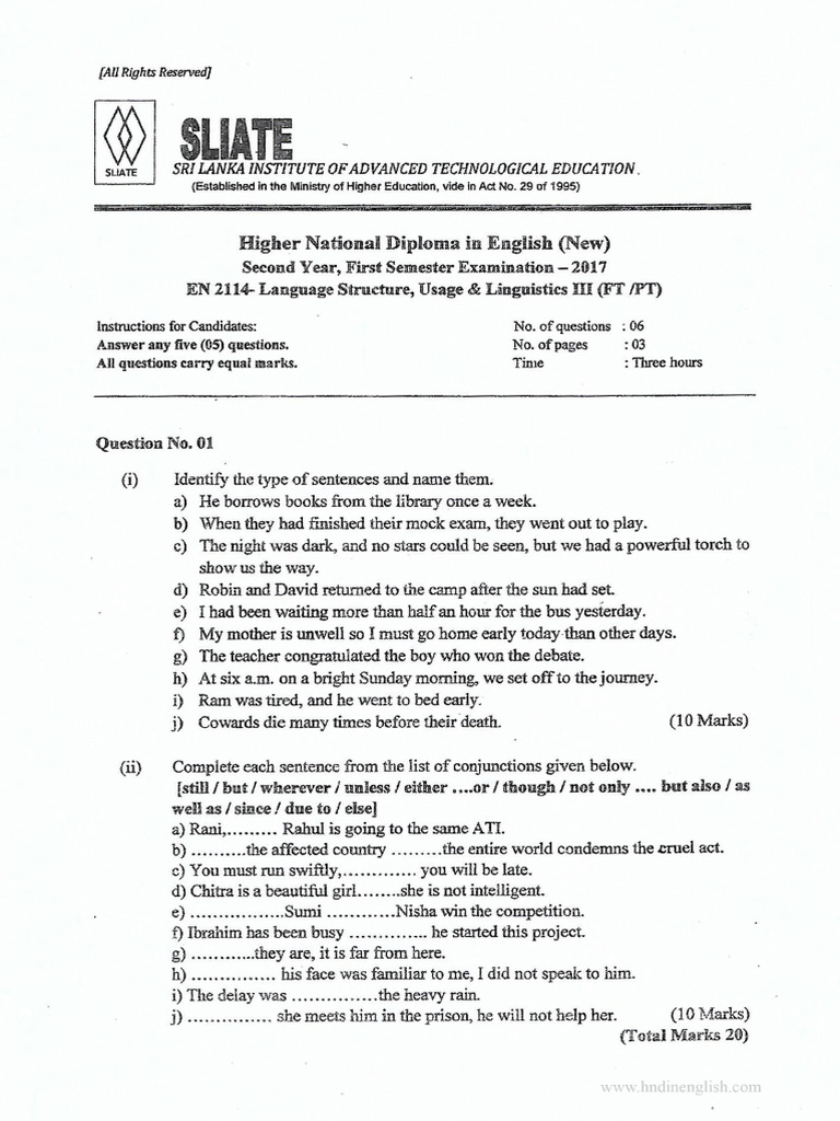 EN 2114 Language Structure, Linguistics & Usage III - 2017 Past Paper | PDF