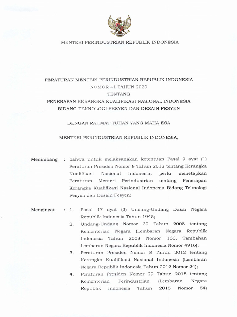 KKNI 2020-041 Permenperin Penerapan KKNI Bidang Teknologi Fesyen Dan ...
