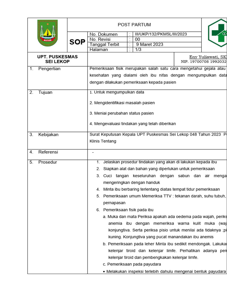 Sop Post Partum | PDF