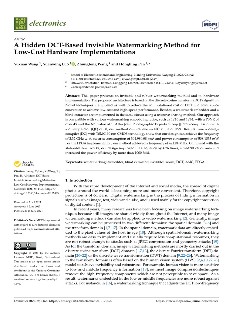 Electronics: A Hidden DCT-Based Invisible Watermarking Method For Low-Cost Hardware ...