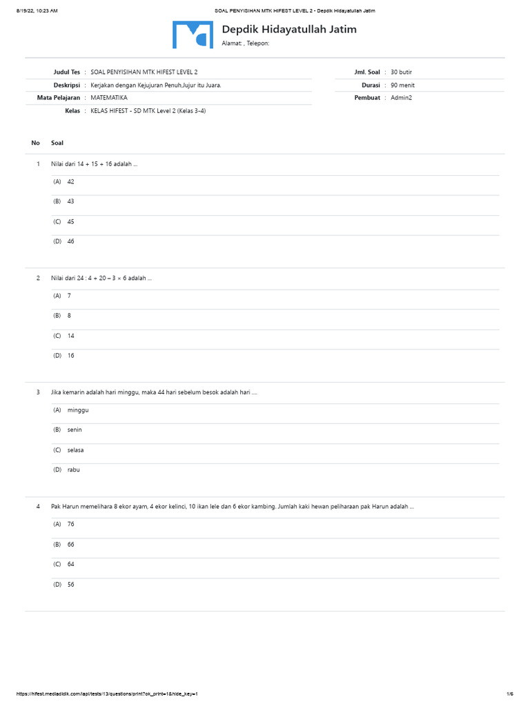 CONTOH SOAL MTK LEVEL 2 (Kelas 3-4) | PDF | Metode & Bahan Ajar