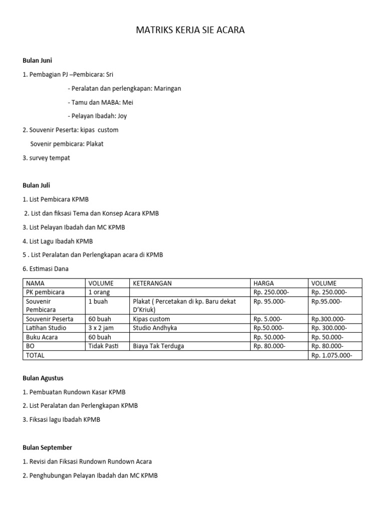 Matriks Kerja Sie Acara | PDF