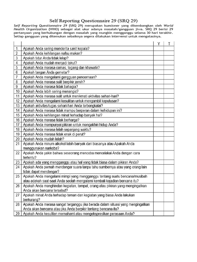 Self Reporting Questionnaire 29 | PDF