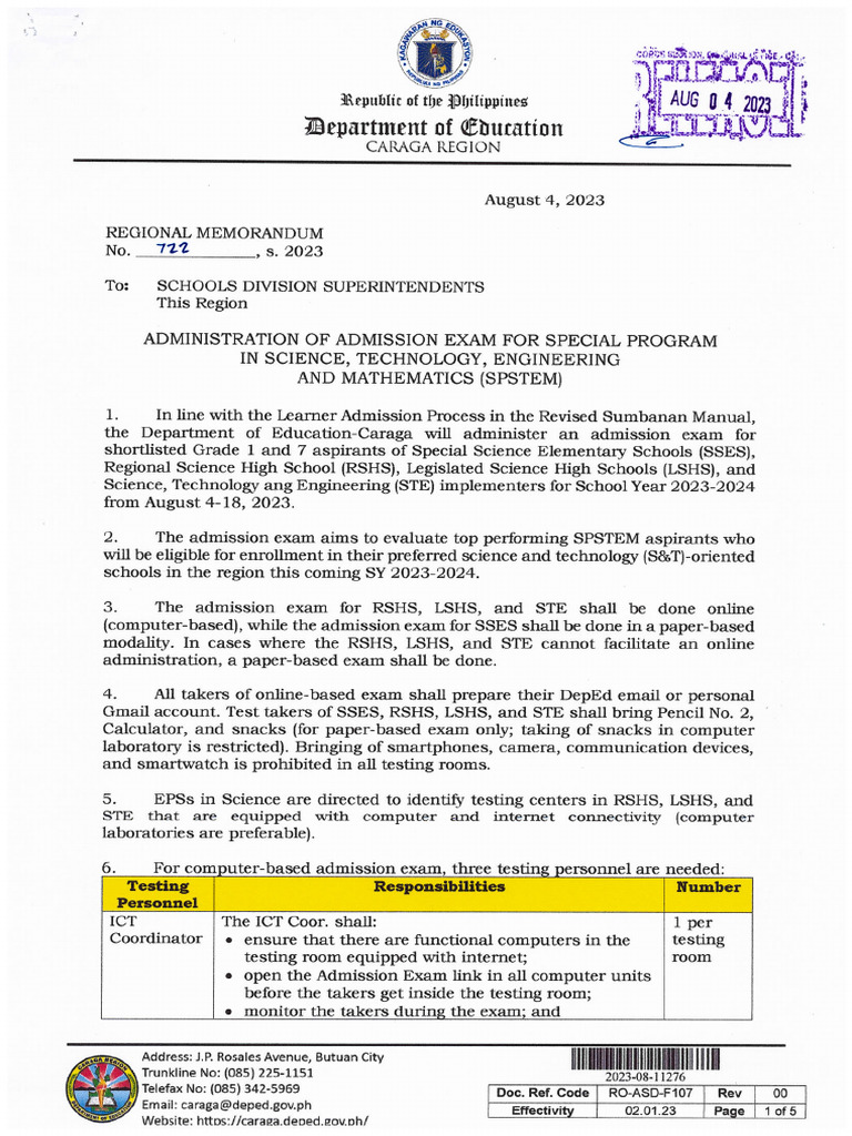 RM No. 722 S. 2023 SPSTEM Admission Test | PDF