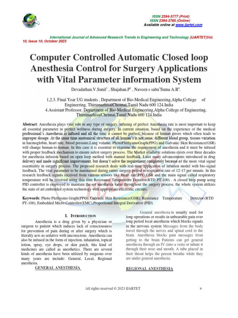 Computer Controlled Automatic Closed Loop Anesthesia Control For Surgery Applications With Vital ...