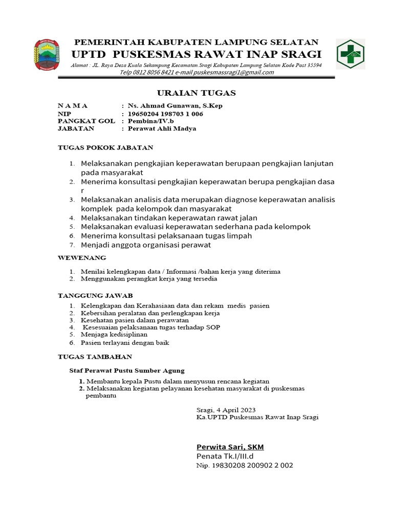 Tugas dan Wewenang Puskesmas Sragi | PDF
