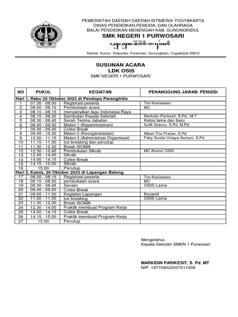Susunan Acara LDK OSIS SMK 2023 | PDF
