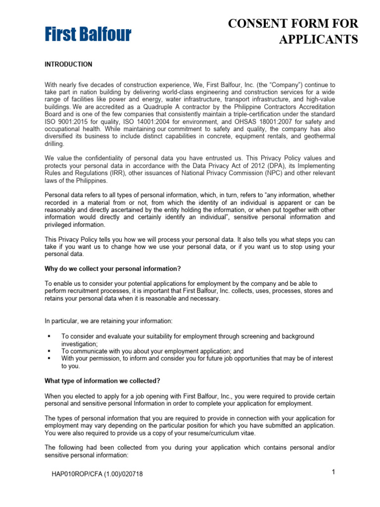 First Balfour Applicant Consent Form | PDF | Privacy | Information