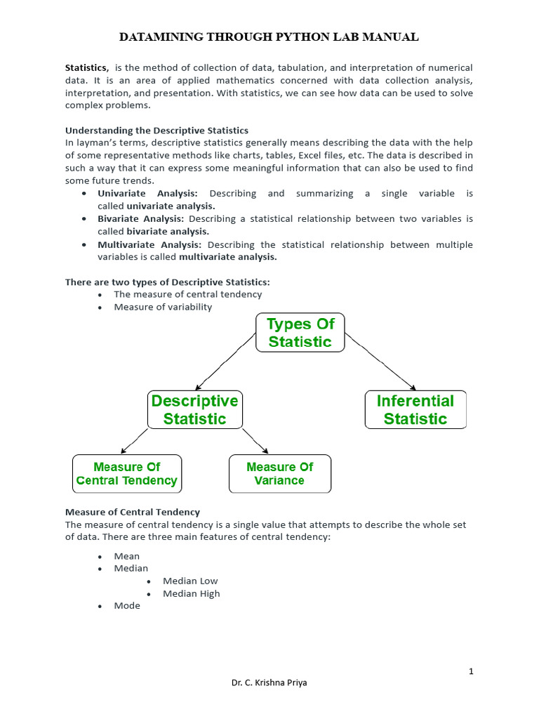Data Mining Lab Maual Through Python 031023 | PDF | Standard Deviation | Variance