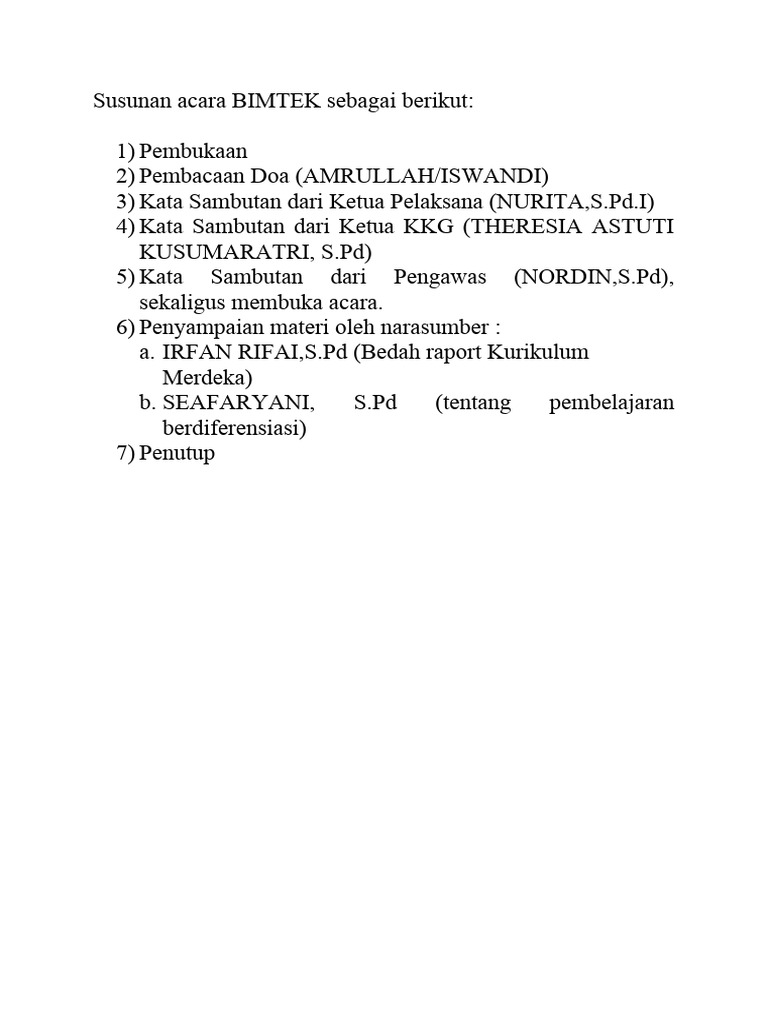 Susunan Acara BIMTEK Guru | PDF