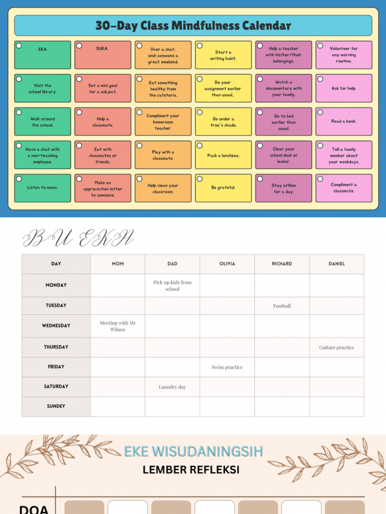 Colorful Cute 30-Day Class Mindfulness Challenge Calendar | PDF