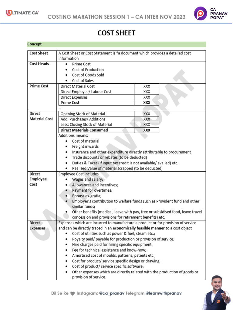 Cost Marathon Notes Session 1 Pranav Popat Pdf Cost Cost Of Goods Sold 