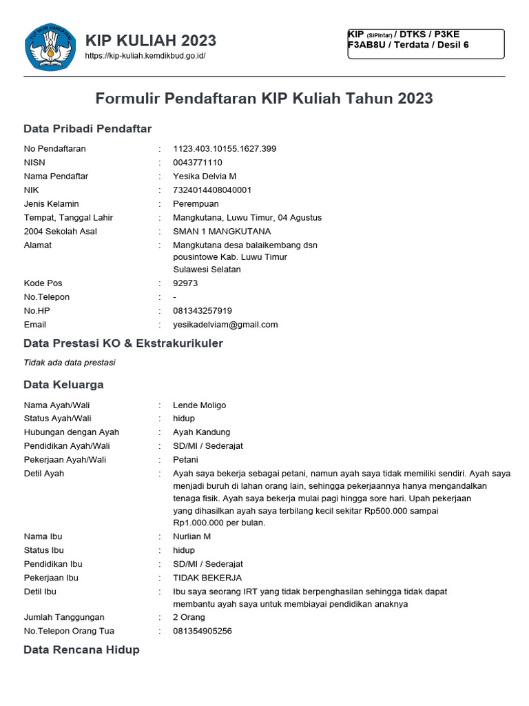 Formulir Peserta KIP Kuliah 2023 | PDF