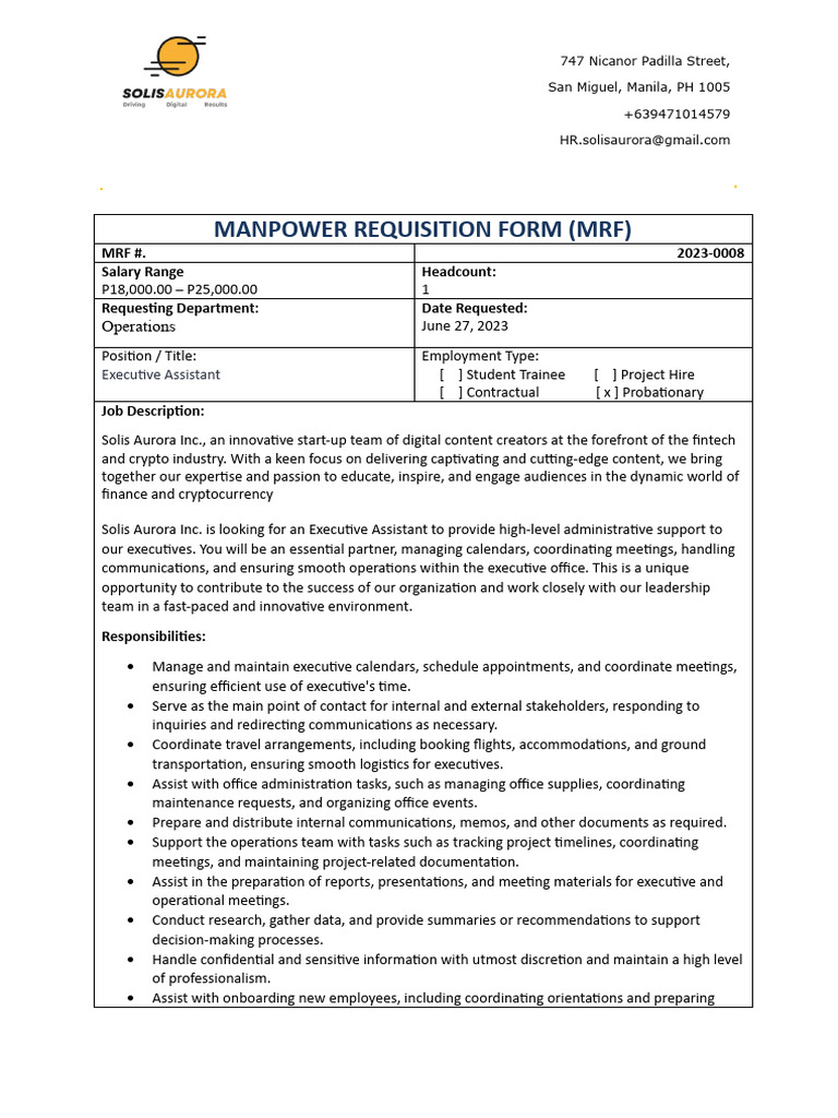 MRF 2023-0008 (Executive Assistant) | PDF | Secretary | Business