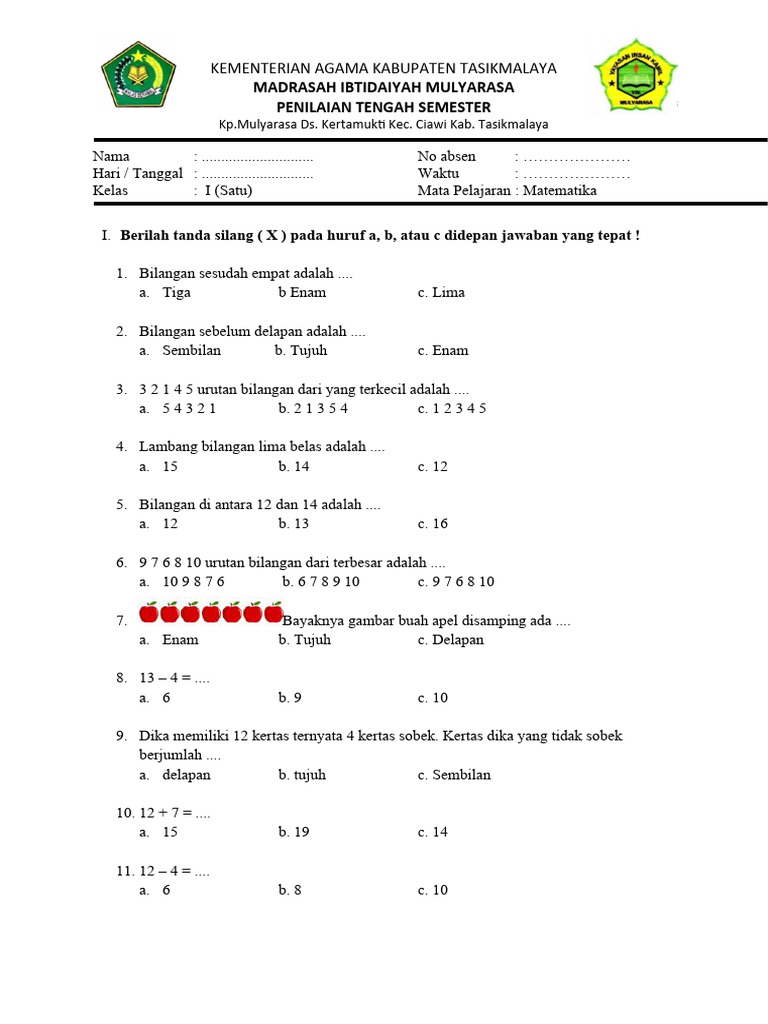 1 - Soal PTS Matematika Kelas 1 Semester 1 | PDF