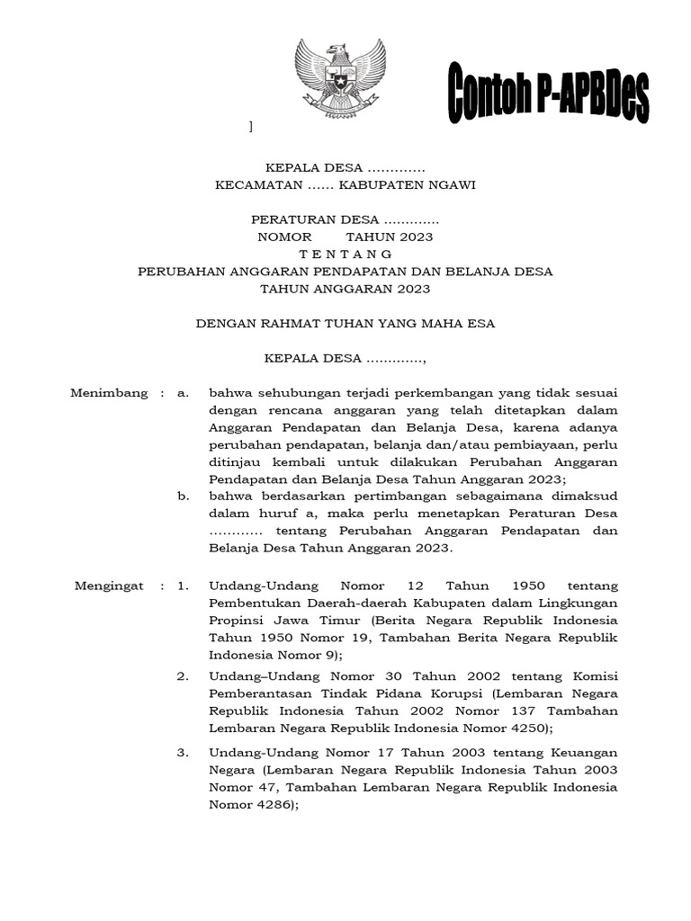 CONTOH Perdes P-APBDesa 2023 | PDF