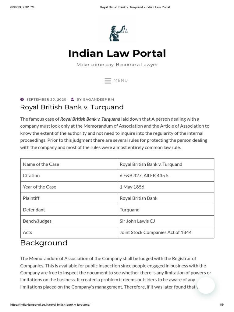 Royal British Bank v. Turquand | PDF | Public Law | Private Law