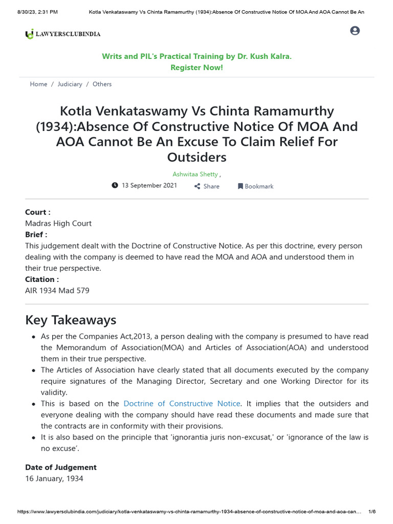 1934 Case: Constructive Notice in MOA/AOA | PDF | Judgment (Law) | Lawsuit