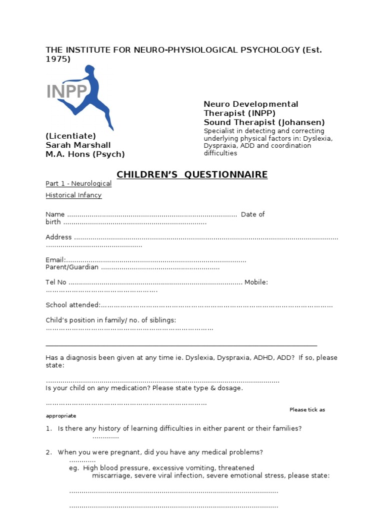 INPP Children's Developmental Questionnaire | PDF | Dermatitis ...