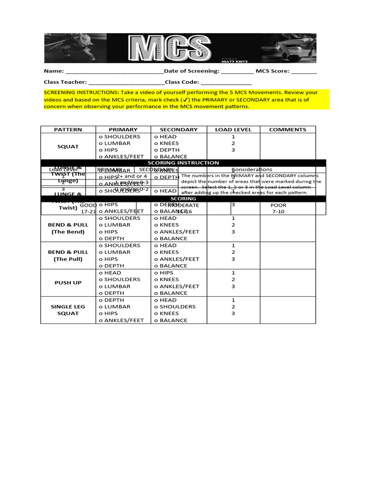 MCS Movement Screening Guide | PDF
