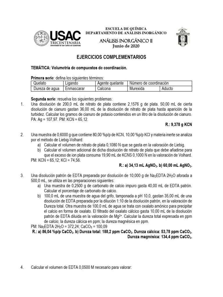 Ejercicios Complementarios | PDF | Calcio | Ácido etilendiaminotetraacético