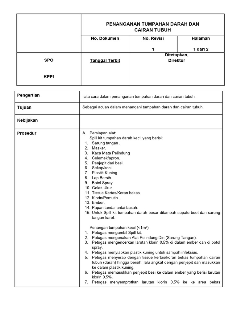 SPO Penanganan Tumpahan Darah Dan Cairan Tubuh | PDF | Sains & Matematika