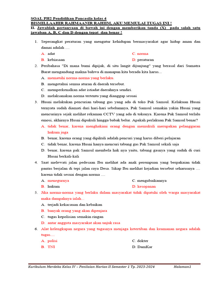 SOAL PH2 Pend - Pancasila Kelas 4 | PDF