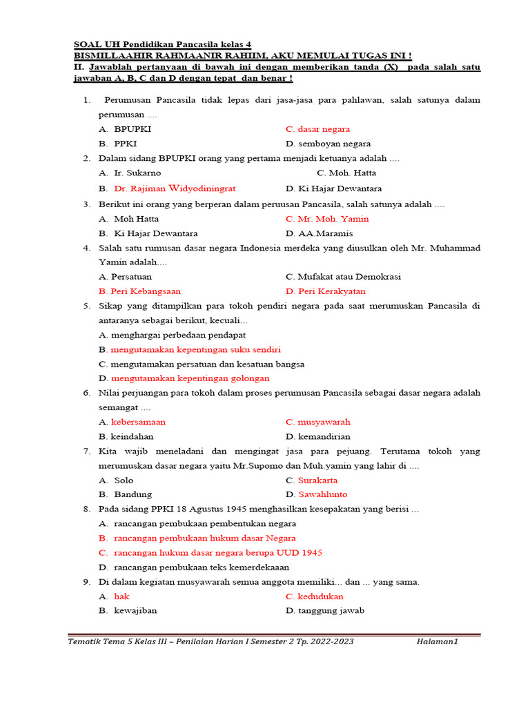 SOAL PH Pend - Pancasila Kelas 4 | PDF