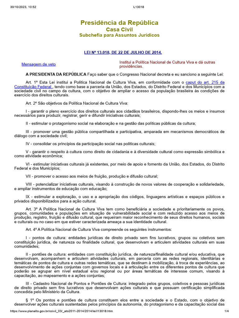 Politica Nacional de Cultura Viva - Lei 13018 2014 | PDF ...