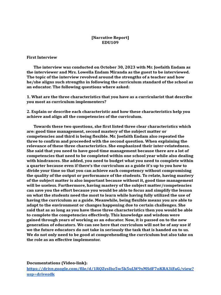Narrative Report | PDF | Curriculum | Expert