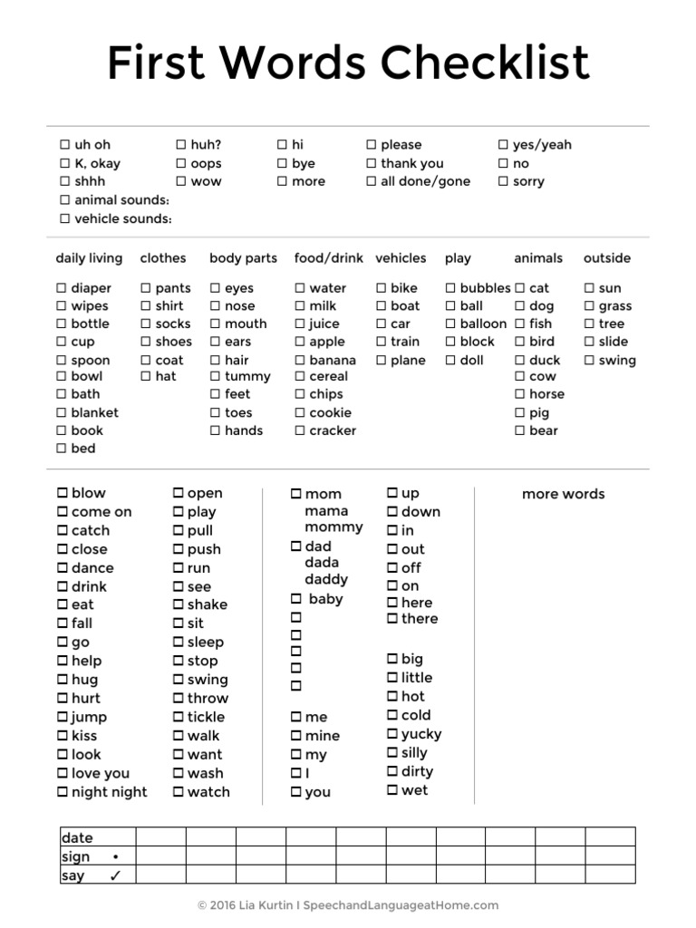 First Words Checklist PDF | Download Free PDF | Organisms | Clothing