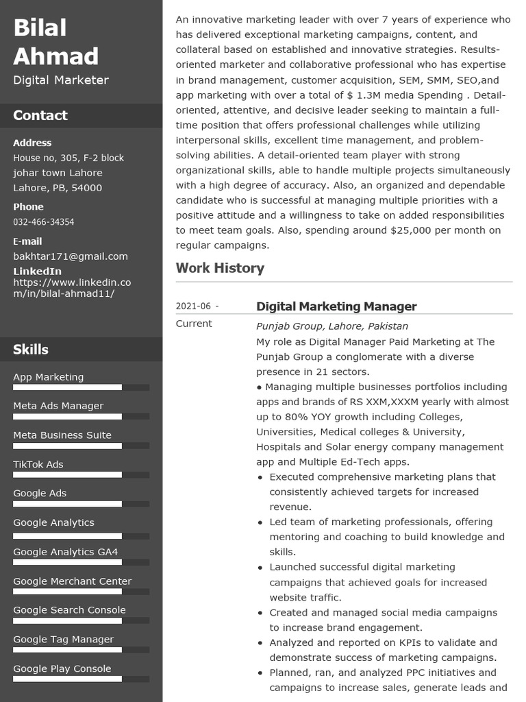 Bilal Ahmad CV.... | PDF | Digital Marketing | Analytics