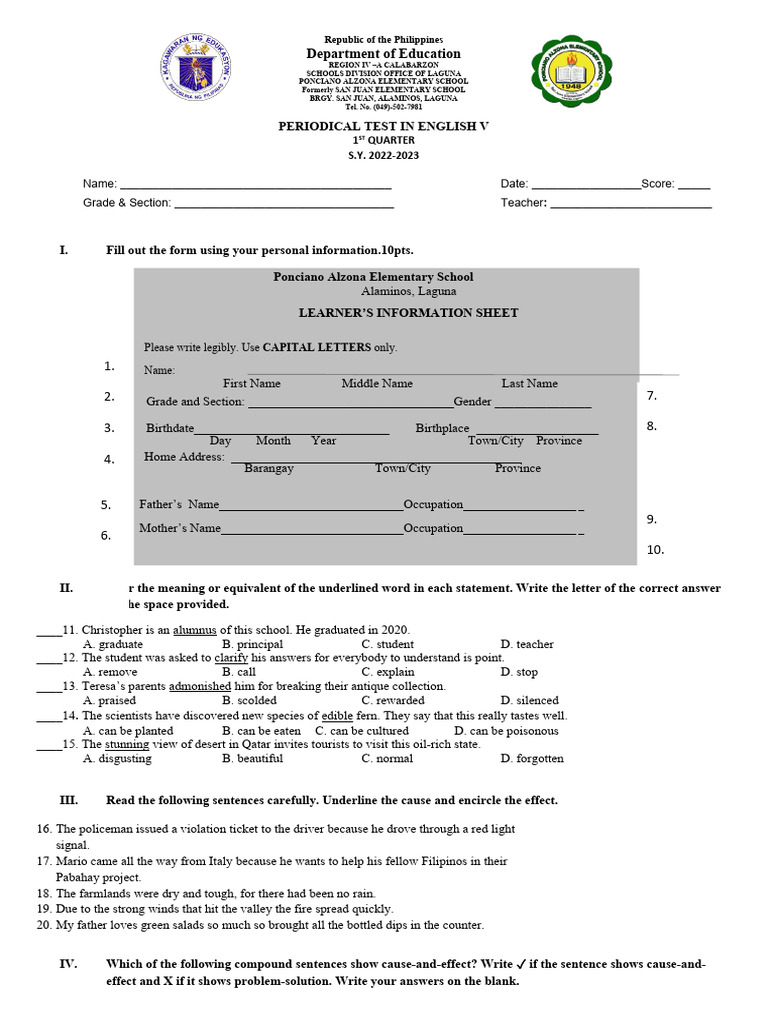 PERIODICAL TEST IN ENGLISH5 With TOS Q1 | PDF | Adverb | Verb