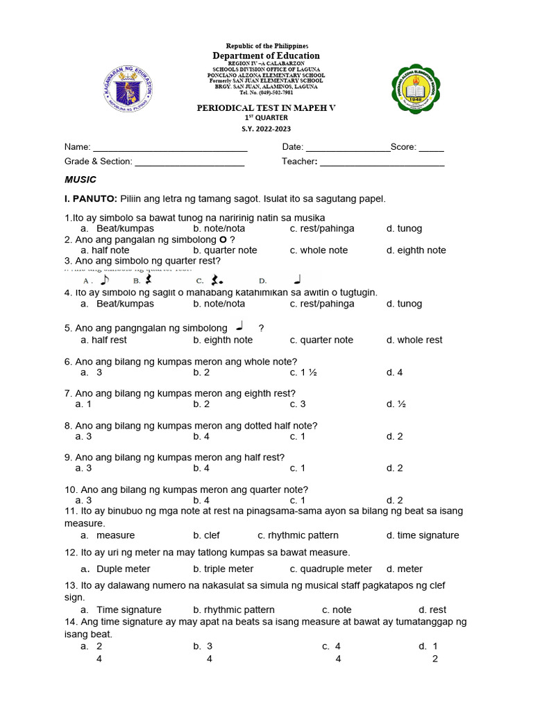 PERIODICAL TEST IN MAPEH5 With TOS Q1 | PDF