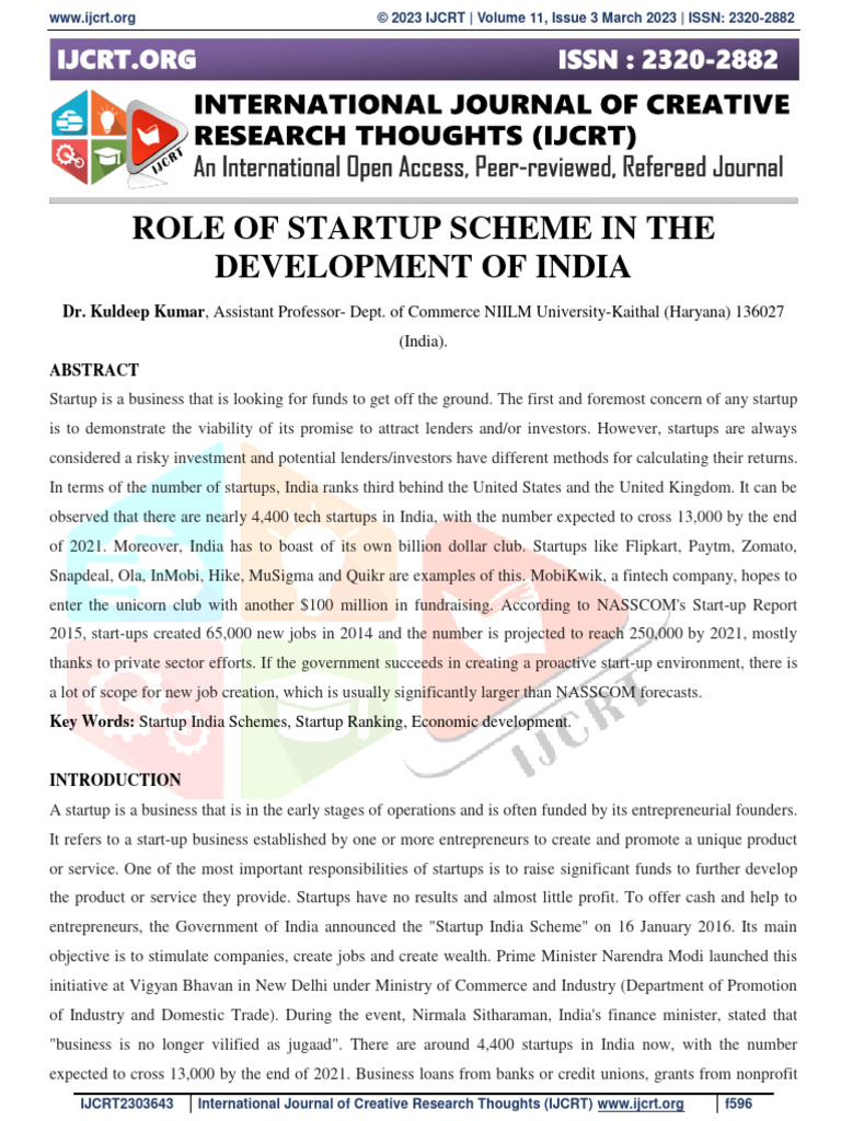 Role of Startup Scheme in The | PDF | Startup Company | Small Business & Entrepreneurs