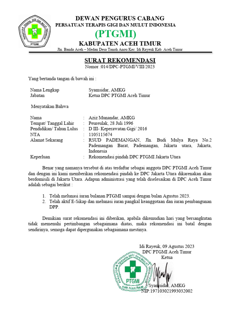 Rekomendasi Pindah Anggota PTGMI | PDF