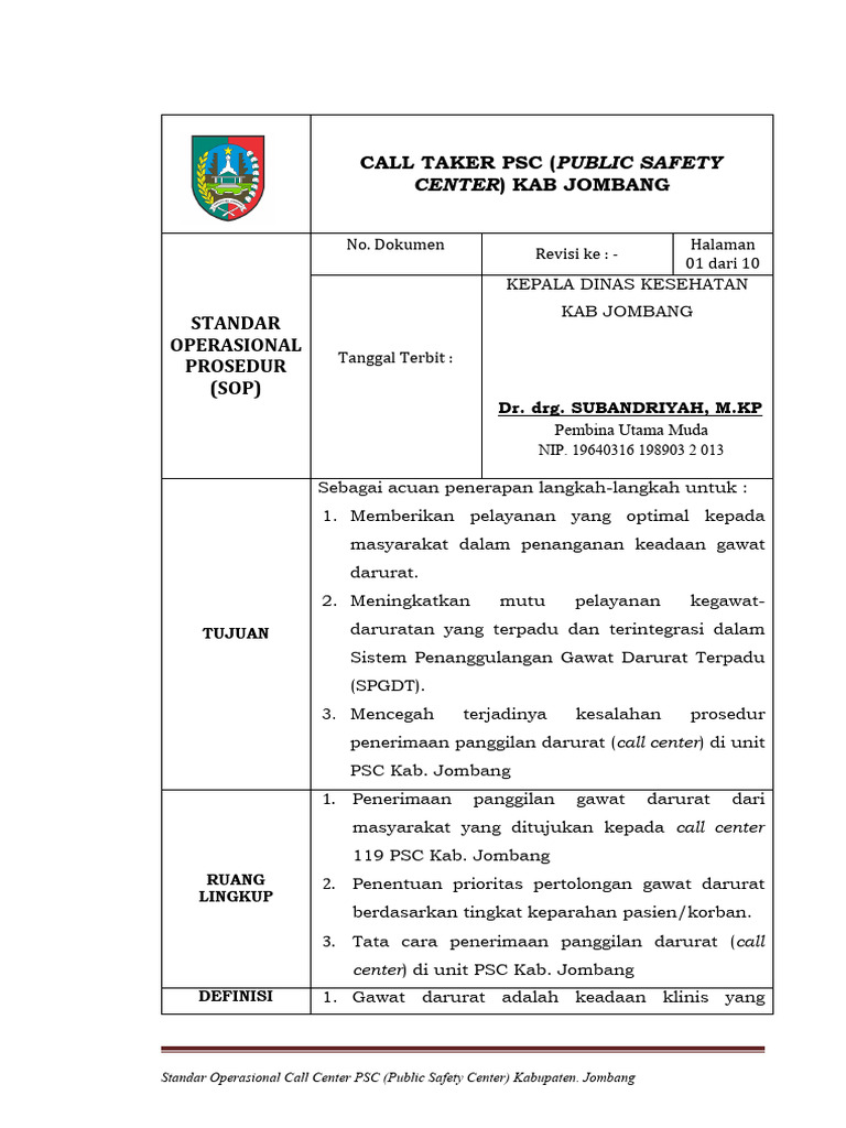 SOP Call Taker PSC Jombang | PDF