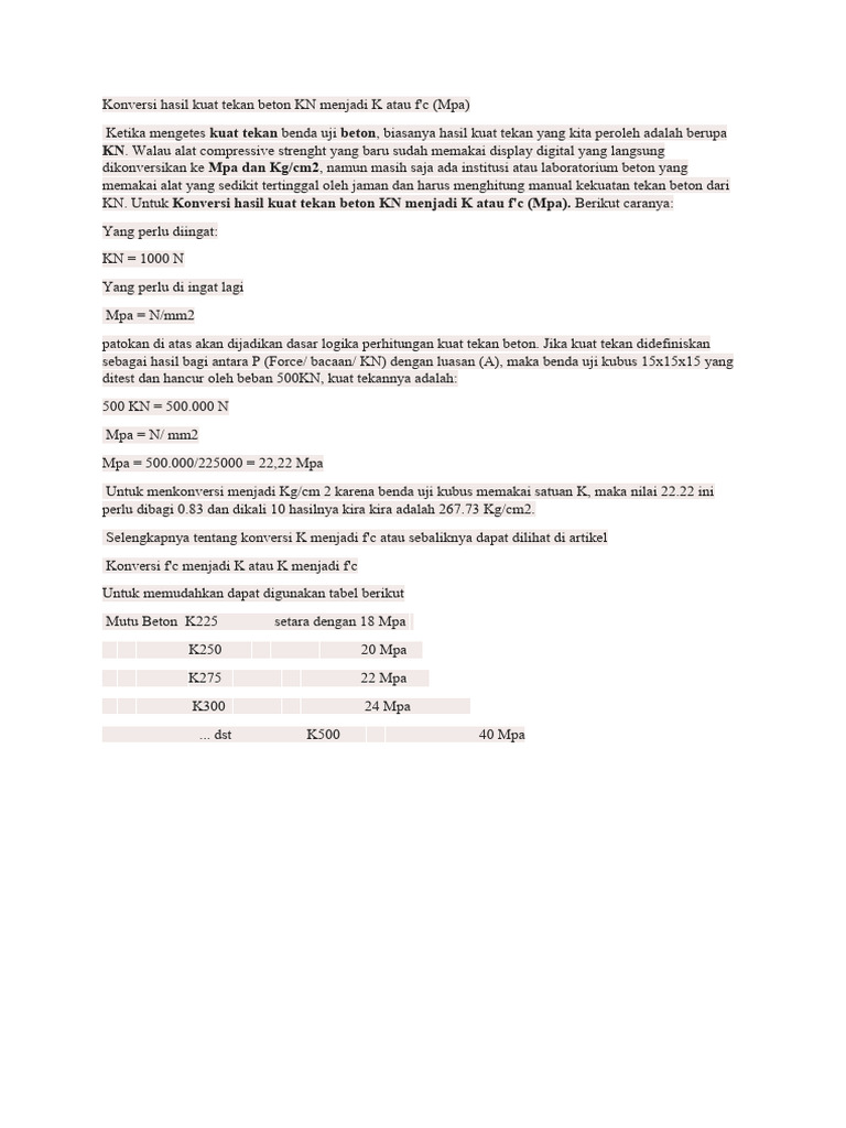 Konversi Hasil Kuat Tekan Beton KN Menjadi K Atau F | PDF