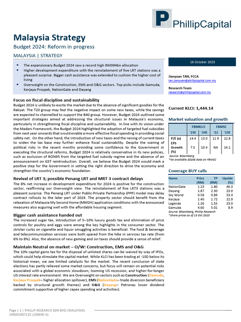 Phillip Research - Malaysia Strategy Budget 2024 20231016 | PDF | Cost Of Living | Taxes