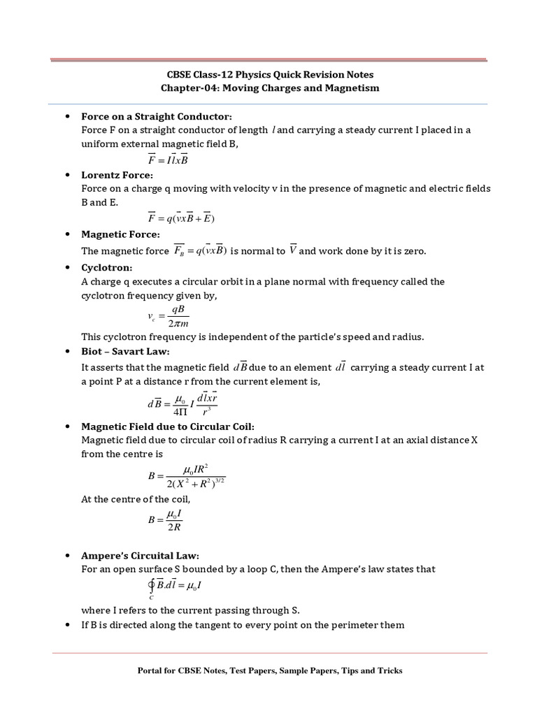 12 Physics Notes Ch04 Moving Charges and Magnetism | PDF | Magnetic ...
